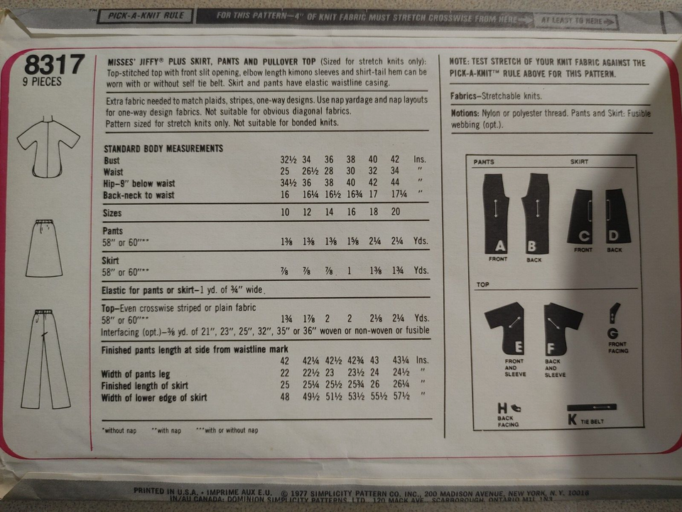 Vintage 1970s Simplicity Pattern 8317 Misses' Jiffy Plus Skirt Pants ...