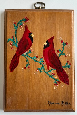 2 Red Cardinals on Holly Branches Painting on Wood Board by Norma ...