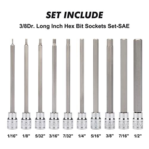 3/8 Inch Drive Long Hex Bit Socket Set 1/16 Inch To 1/2 Inch Sae Extra ...