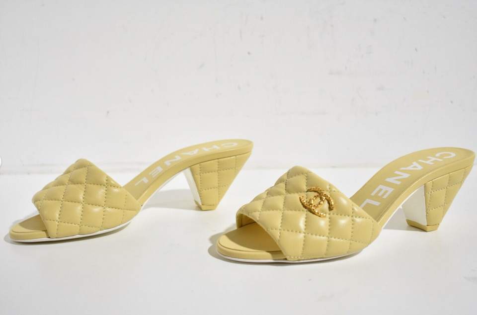 Chanel 22P Yellow Lambskin Quilted CC Gold Logo Cone Heel Mule Slide ...