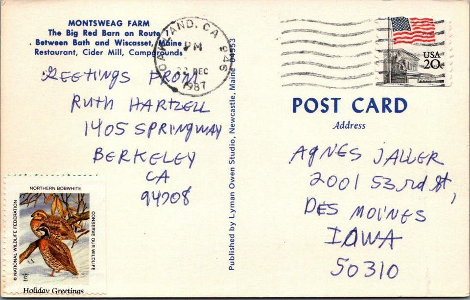 Montsweag Farm Maine Postcard Oakland CA to Iowa 1987 Posted | eBay