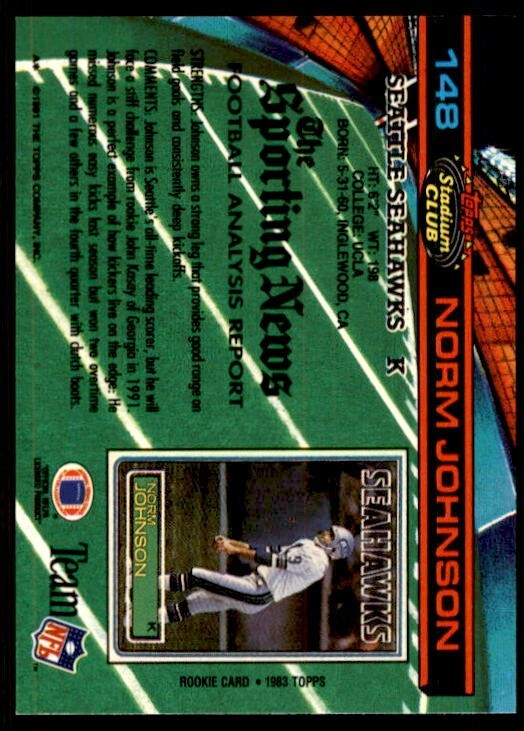 1991 TOPPS STADIUM CLUB FOOTBALL CARD SEATTLE SEAHAWKS #148 NORM ...
