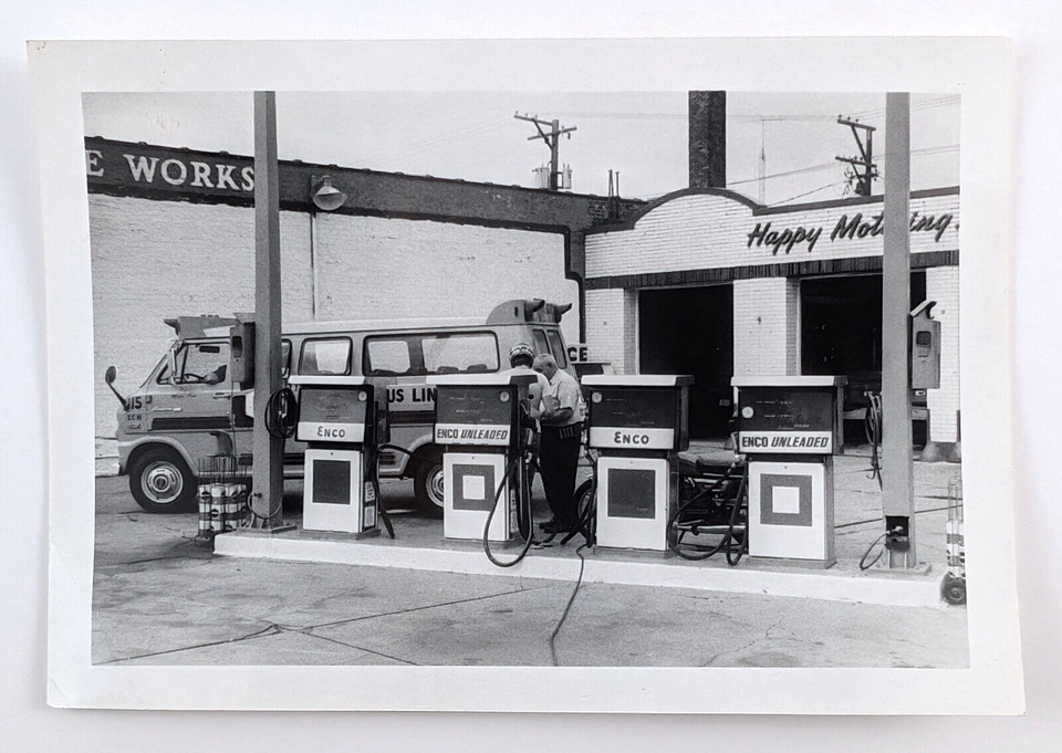 Vintage Photo Gas Service Station Enco Pumps Bus Motorcycle | eBay