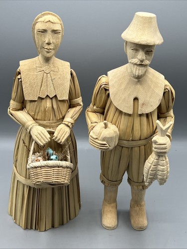 Thanksgiving Harvest Hand Carved 12” Corn Husk Pilgrim Dolls Figures ...