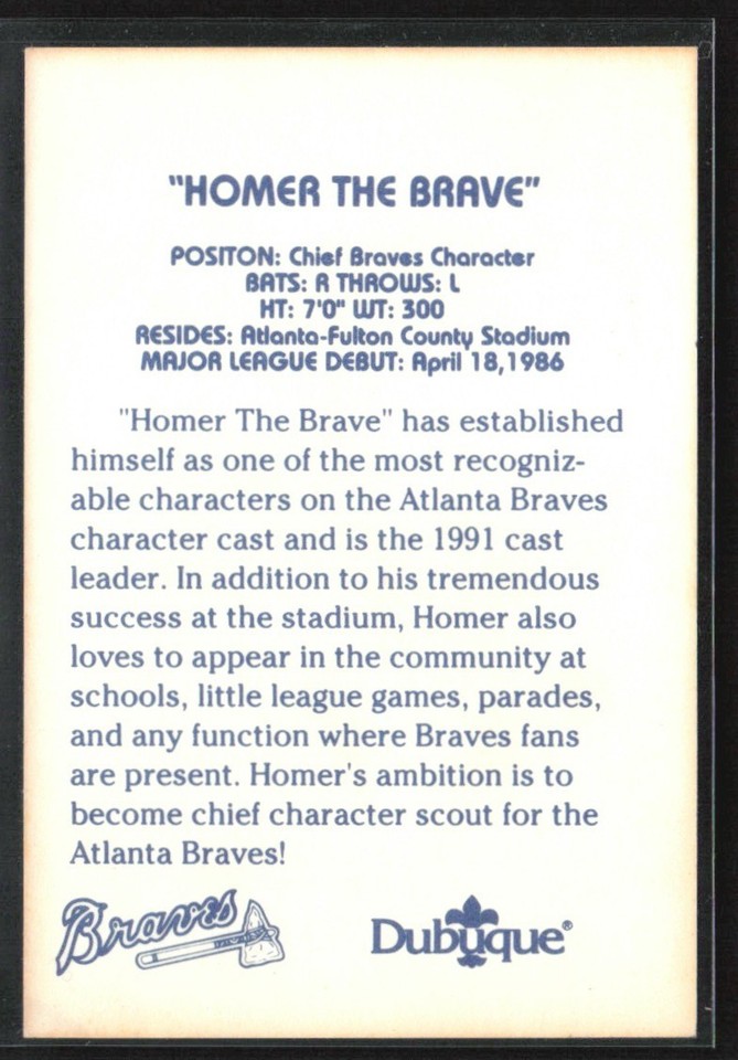 Homer the Brave 1991 Dubuque Auto B Atlanta Braves | eBay
