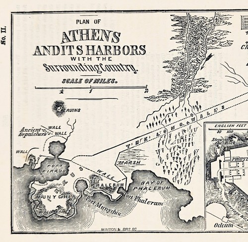 1855 Athens Harbors Map ORIGINAL Ancient Greece Acropolis Parthenon | eBay