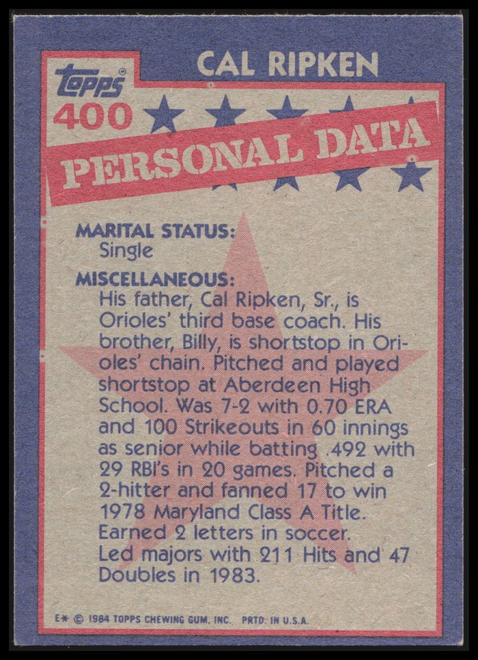 1984 Topps Cal Ripken #400 Baltimore Orioles XX | eBay