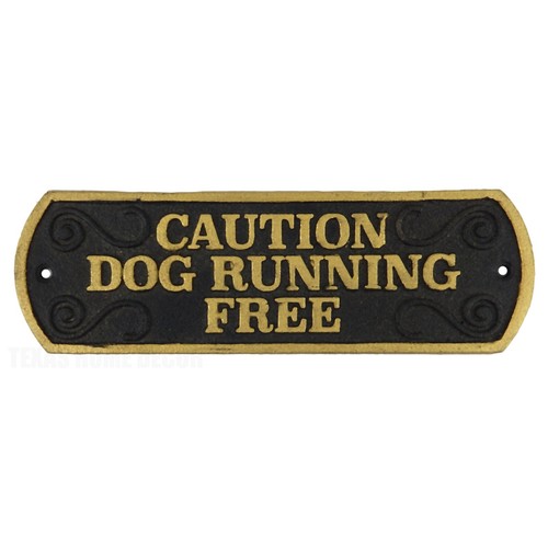 Caution Dog Running Free Cast Iron Plaque Sign Embossed Letters Black ...