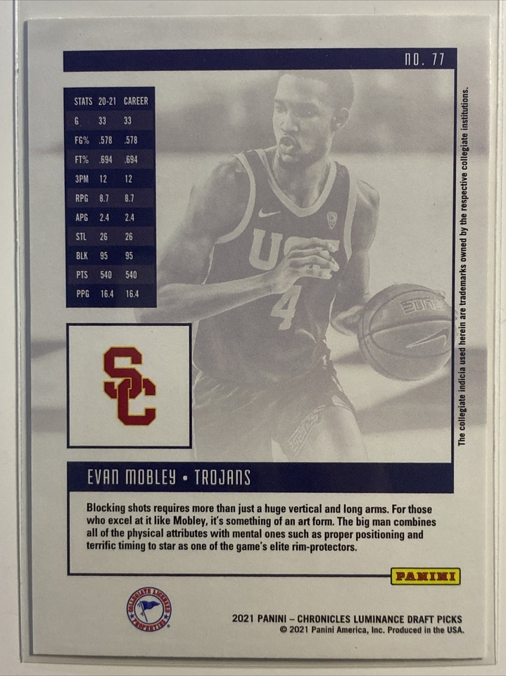 Evan Mobley 2021 Panini Chronicles Draft Picks #77 Luminance Rookie RC ...