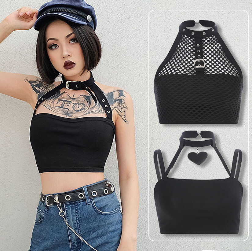 Women Gothic Fishnet Camisole Halter Neck Choker Crop Top Punk Cocktail ...