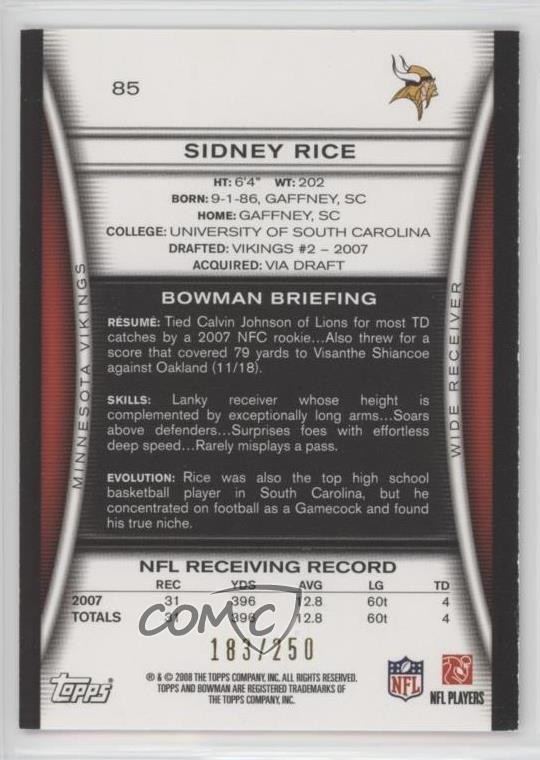 2008 Bowman Orange /250 Sidney Rice #85 | eBay