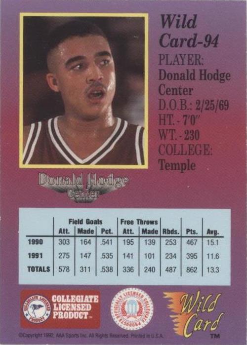 Las mejores ofertas en 1992 Wild Card Collegiate - Donald Hodge #94 | eBay
