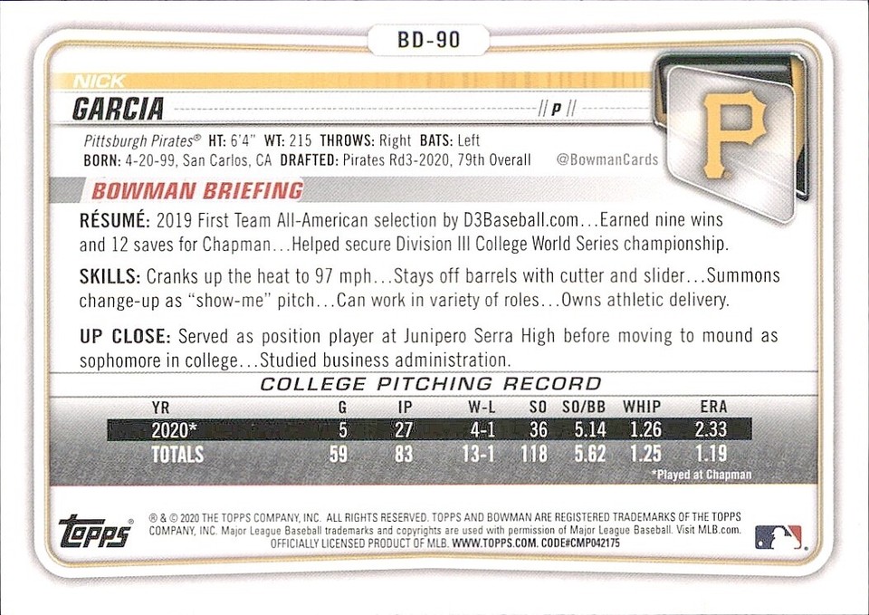 2020 BOWMAN DRAFT 1ST PITTSBURGH PIRATES - NICK GARCIA #BD-90 | eBay
