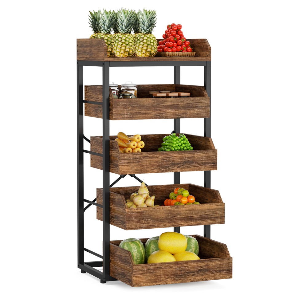5-Tier Wood Fruit Vegetable Storage Rack, Home Kitchen Utility Shelf ...