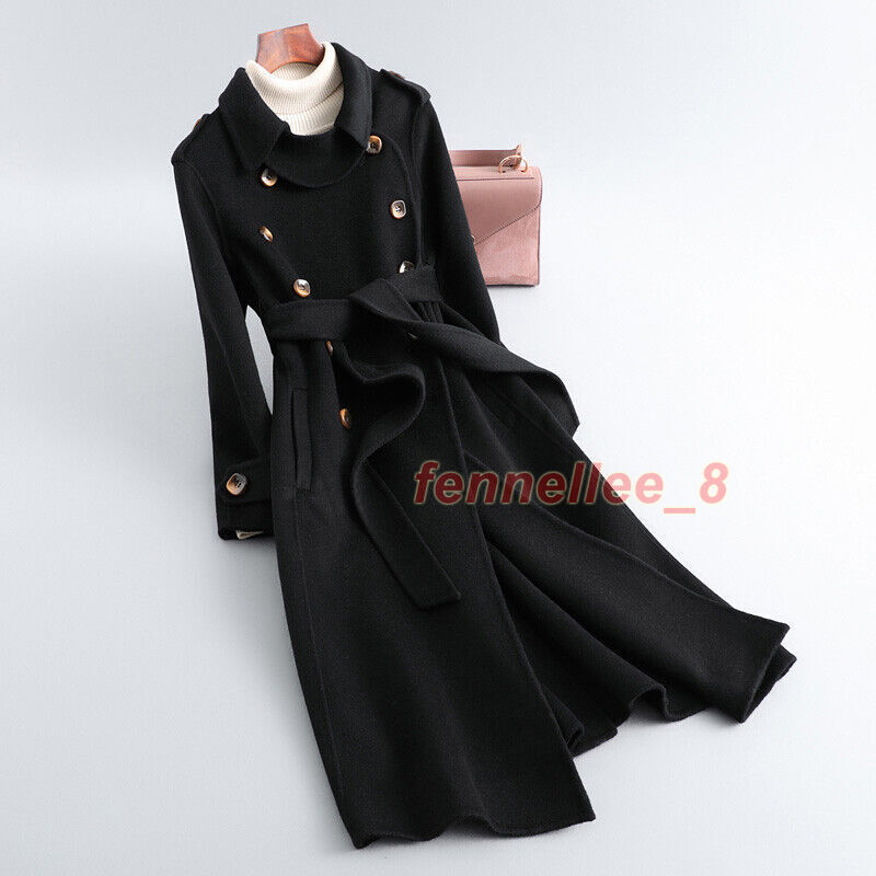 Women Luxury Wool Coats Elegant Trench Coat Slim Long Jacket Belt Solid ...