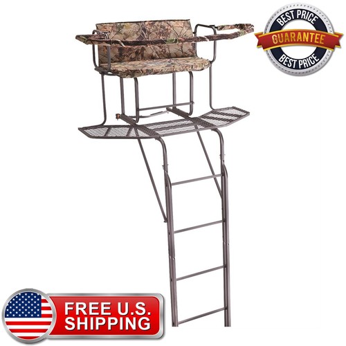 20' 2-man Double Rail Ladder Tree Stand w/ Hunting Blind Padded Jumbo ...