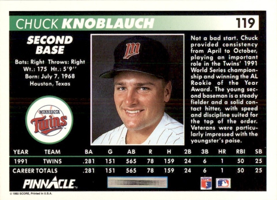 1992 Pinnacle Chuck Knoblauch Minnesota Twins #119 Baseball Card | eBay