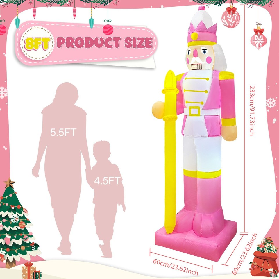 8FT Christmas Inflatable Outdoor Decoration, Pink Nutcracker Inflatable ...