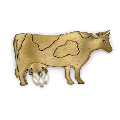Vintage COW Pin Brushed Brass Pin Dangling Faux Pearl Udders Whimsical ...