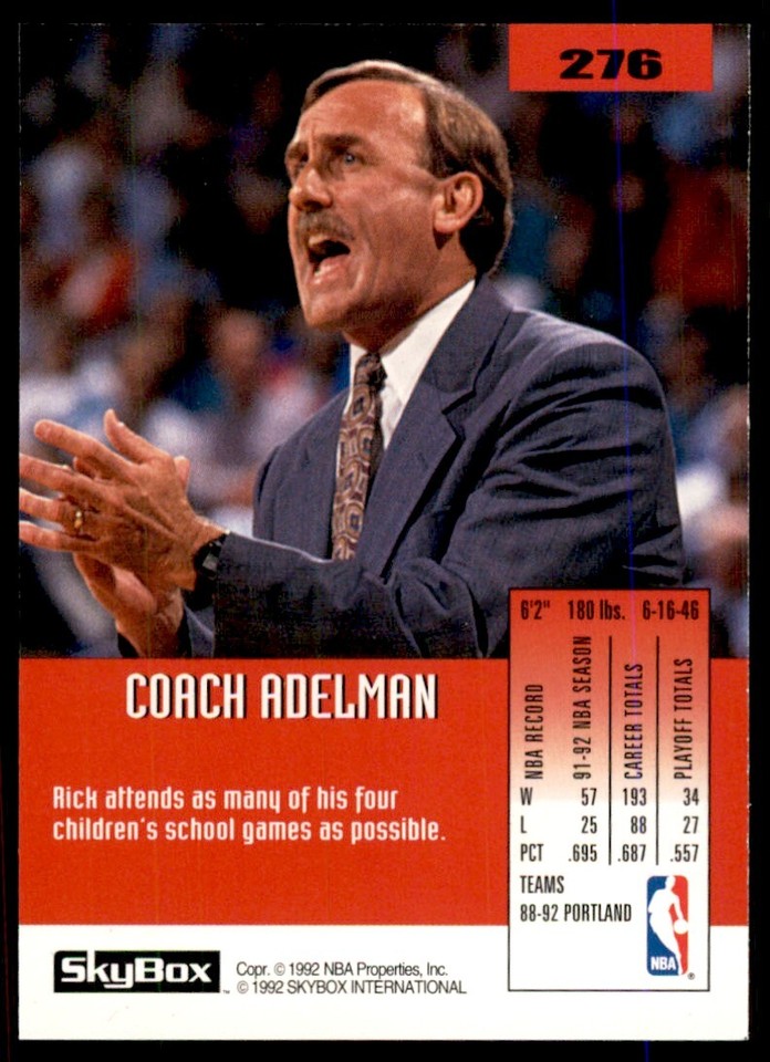 1992-93 SkyBox Rick Adelman Portland Trail Blazers #276 | eBay