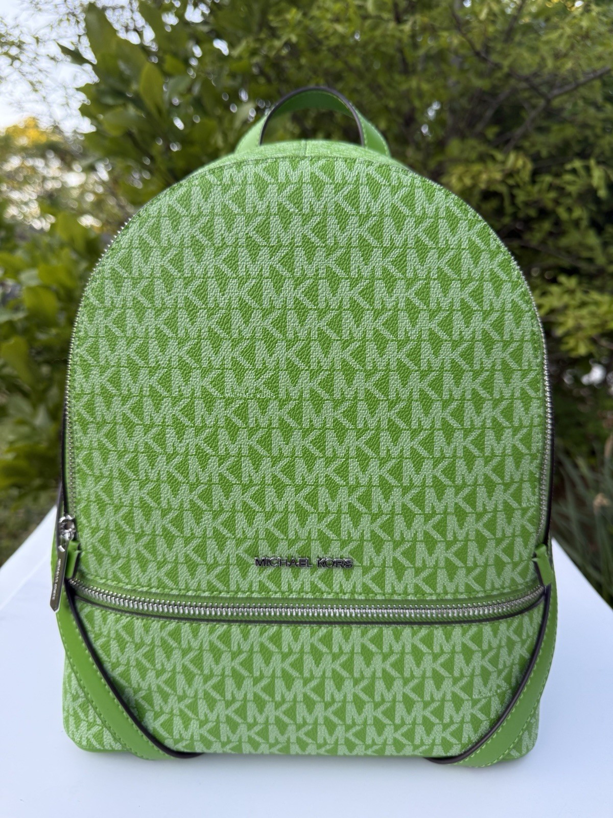 Michael Kors Rhea Medium Zip Backpack Jungle Green Mk Logo Leather ...