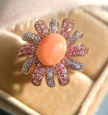 Coral, Pink Spinel, and Diamond Flower Cocktail Ring in 14k Rose Gold ...