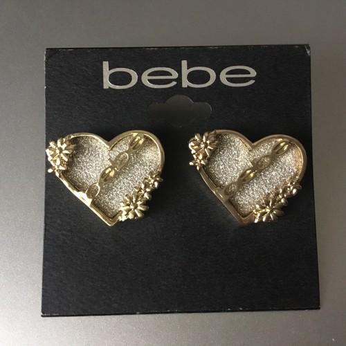 bebe Heart Earrings Gold Tone & Silver Sparkles with Logo & Florals New ...