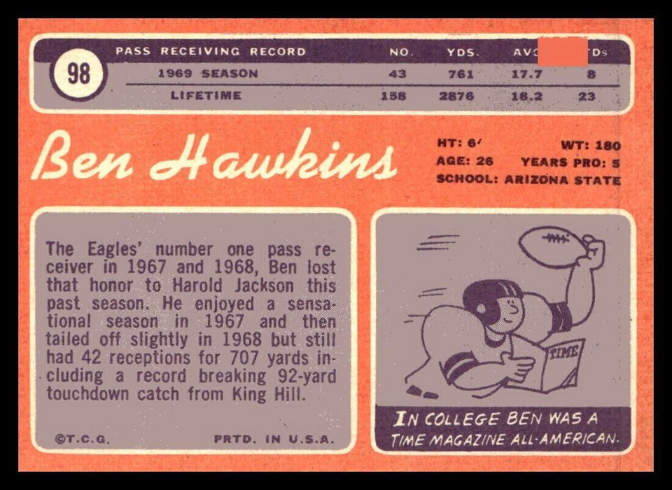 1970 Ben Hawkins Topps Football Rookie Rc #98 EX-MT *NICE* SET BREAK | eBay