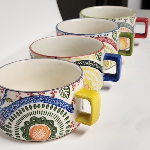 Pier 1 Paisley Batik Stackable Coffee Mugs Hand Painted SET 4 Hippie ...
