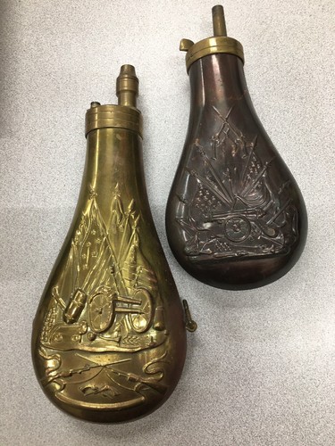 2 Vintage Copper/Brass Black Powder Flasks - Cannons Crossed Guns Flags ...