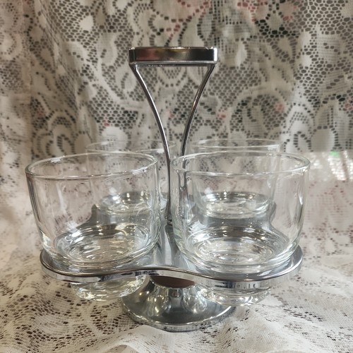 Vintage Mid Century Modern Condiment Caddy Set Glass Cups Holder Chrome ...