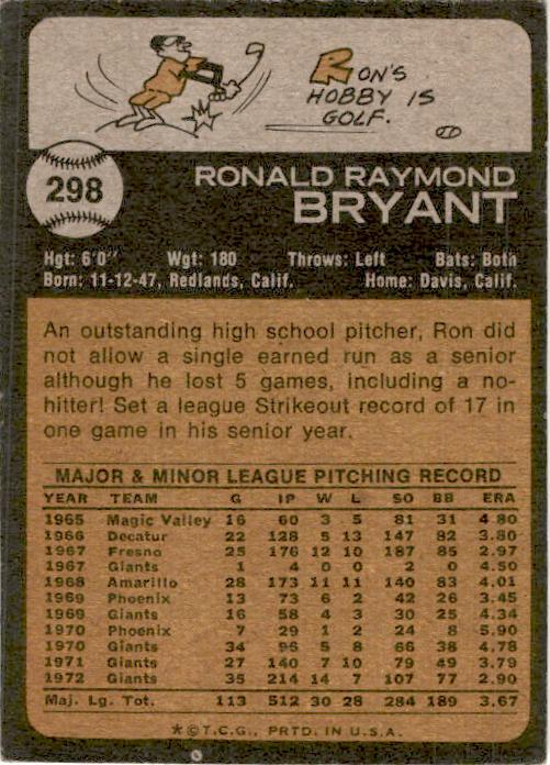 1973 Topps Baseball #298 Ron Bryant San Francisco Giants Vintage ...
