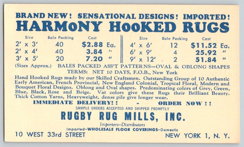 1950's Advertising Postcard~ Rugby Rug Mills, Inc.~ New York City, NY ...