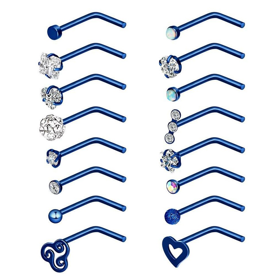32PCS 20G Surgical Steel CZ Bone Studs Pin Nose Rings L Shaped Piercing ...