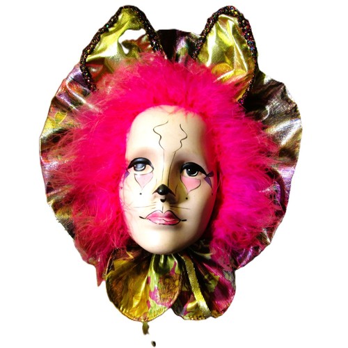 Venetian Porcelain Carnival Mask Painted Cat Face Pink Feathers Gold ...