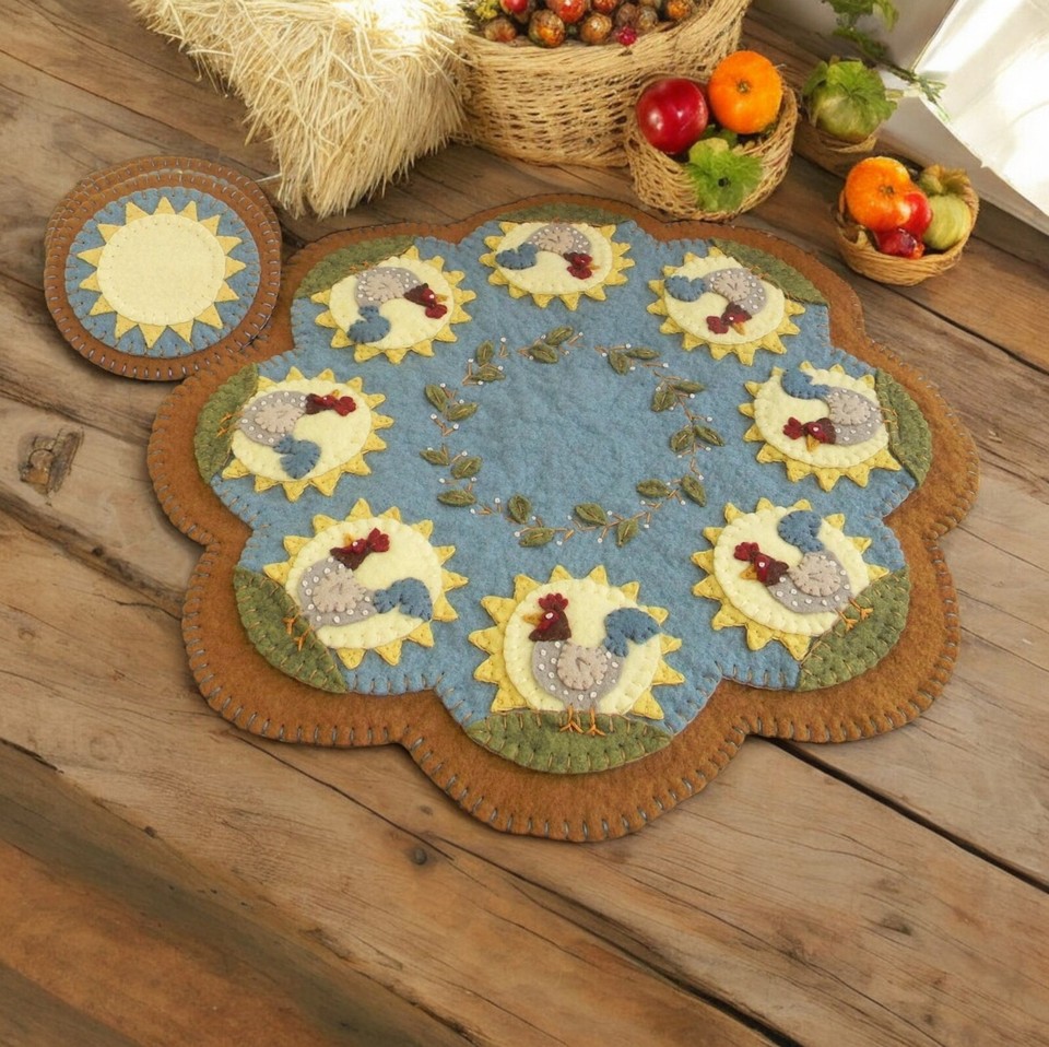 Pre-Washed Wool Blend Felt Penny Rug Kit - Retro Roosters - Candle Mat ...