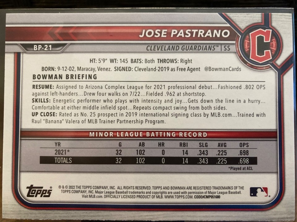 JOSE PASTRANO ROOKIE 2022 1st Bowman Prospect Cleveland Guardians #BP ...