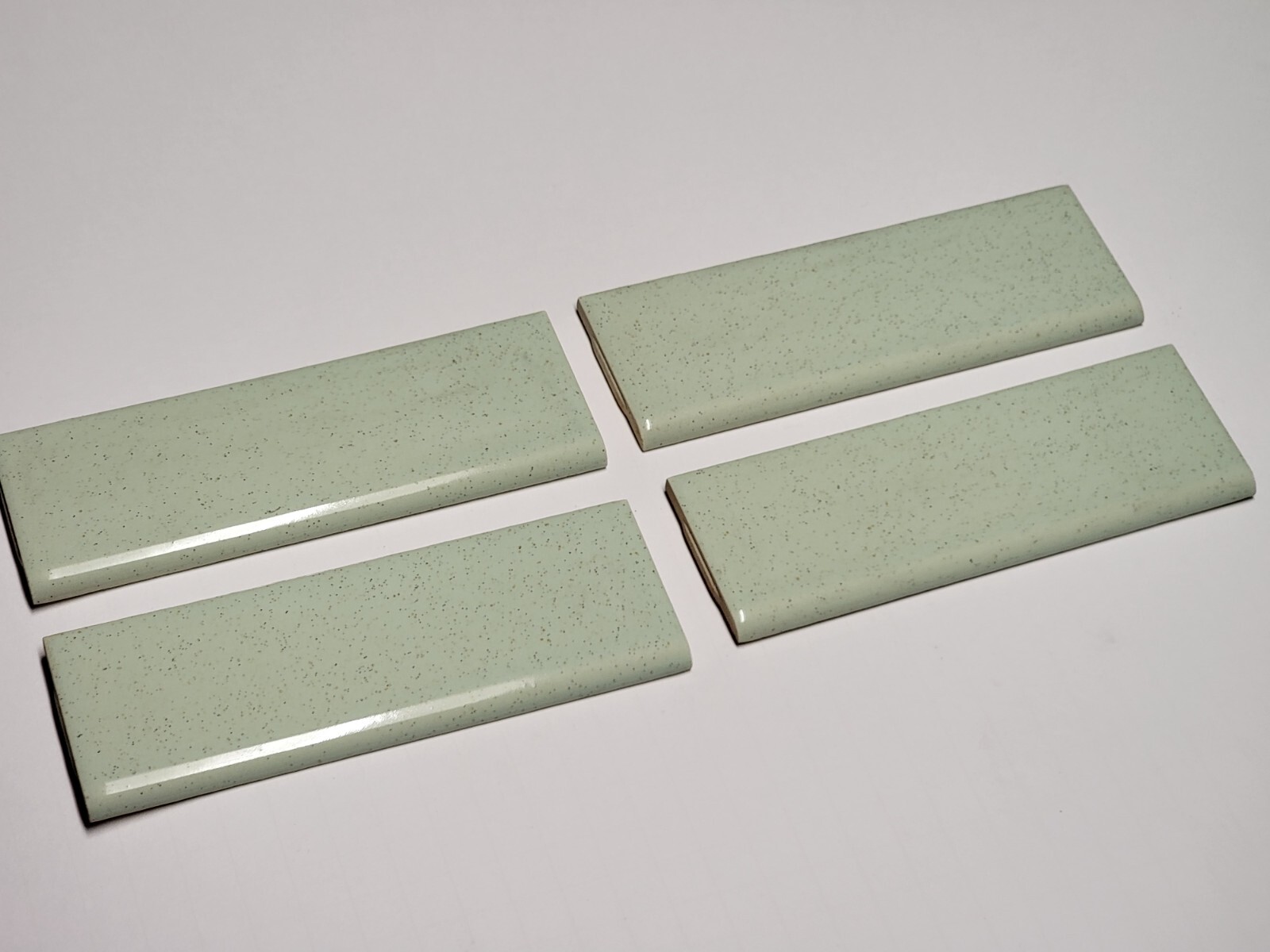 Vtg. 60s Lot 4 Ceramic Edge Tiles Lt. Green w/Black Specks bullnose 6 1 ...