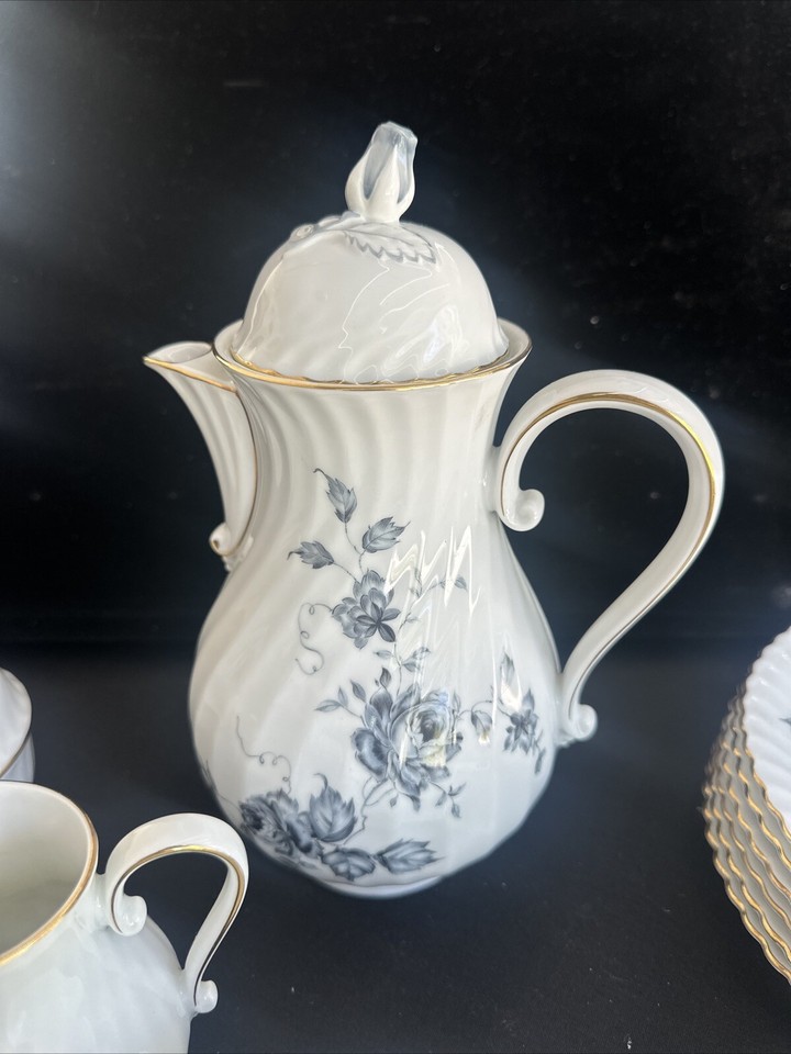 KAISER SILVER DAWN GERMANY BLUE ROSES GOLD TRIM TEA SET 6 Plates 6 Cup ...