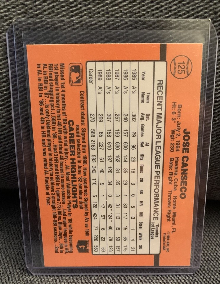 Jose Canseco Donruss 1990 ERROR BASEBALL CARD “No . After INC Error ...