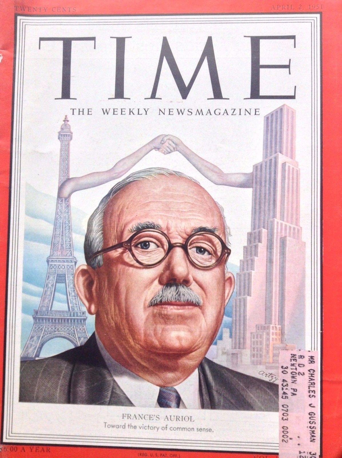 Time Magazine France's Auriol April 2, 1951 091417nonrh2 | eBay