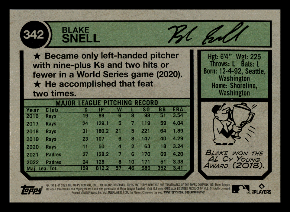 Blake Snell 2023 Topps Heritage #342 San Diego Padres Mint | eBay