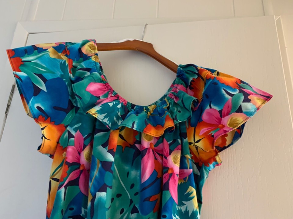 VINTAGE HILO HATTIE WOMENS XL HAWAIIAN SHORT SLEEVE ROUND RUFFLE MUUMUU ...