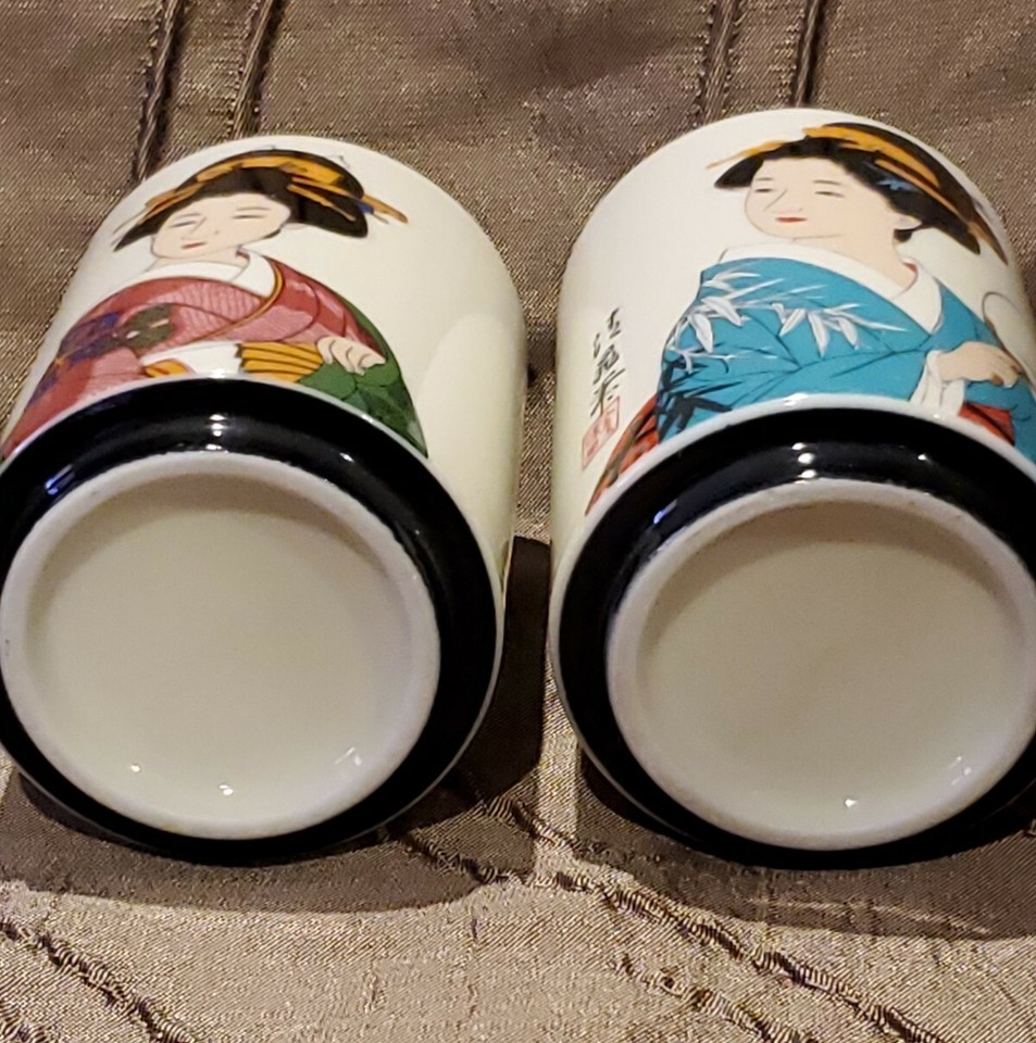 Hand Painted Japanese Geisha Tea Cups Ceramic Multicolor 2 Cup Set | eBay