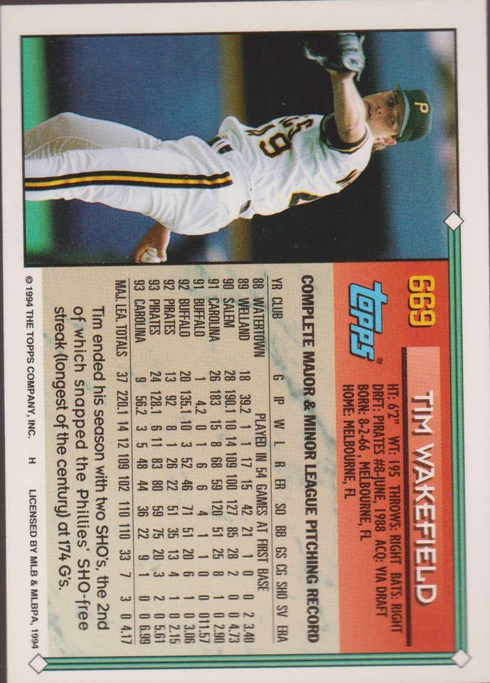 Tim Wakefield 1994 Topps # 669 Pittsburgh Pirates Baseball | eBay