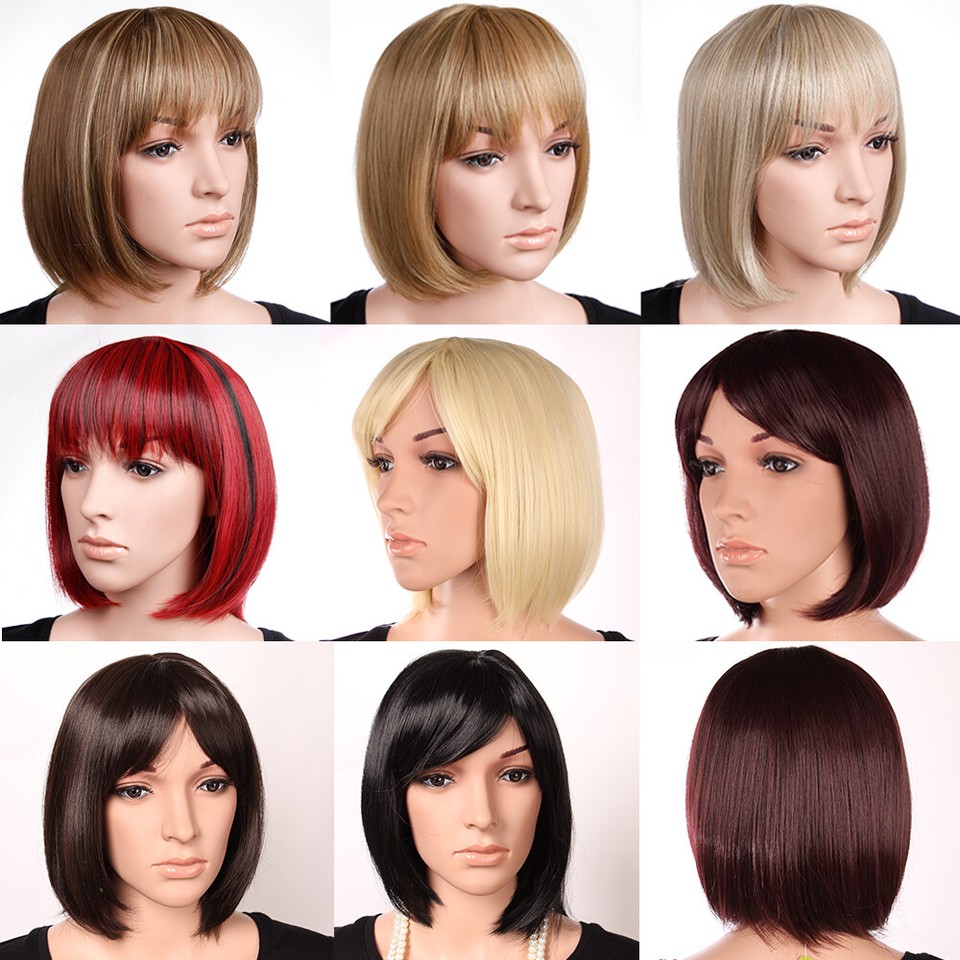Women Short Bob Hair Wig With Bangs Heat Resistant Synthetic Cosplay ...