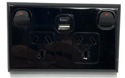 USB A + C Fast Charge BLACK Double Power Point DGPO DOUBLE POLE SPER ...