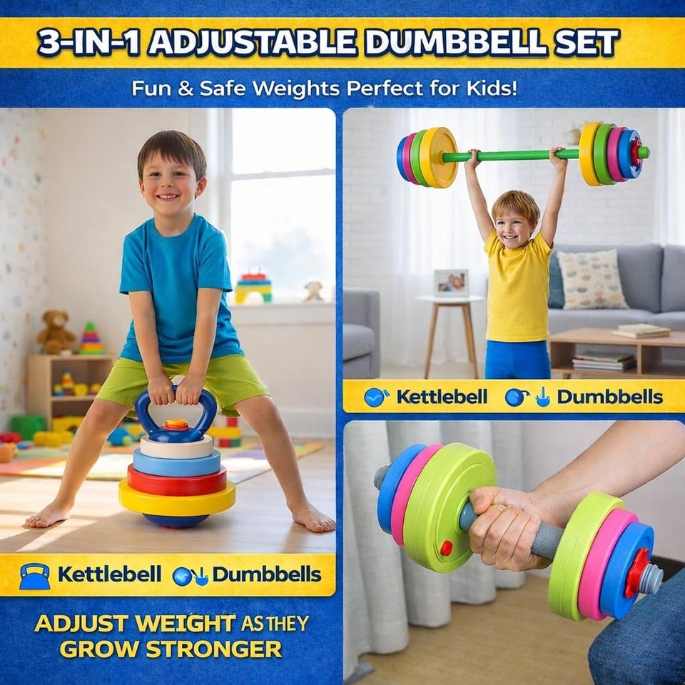 Kids Exercise Weight Set - 3-in-1 Adjustable Workout Toy Equipment for ...