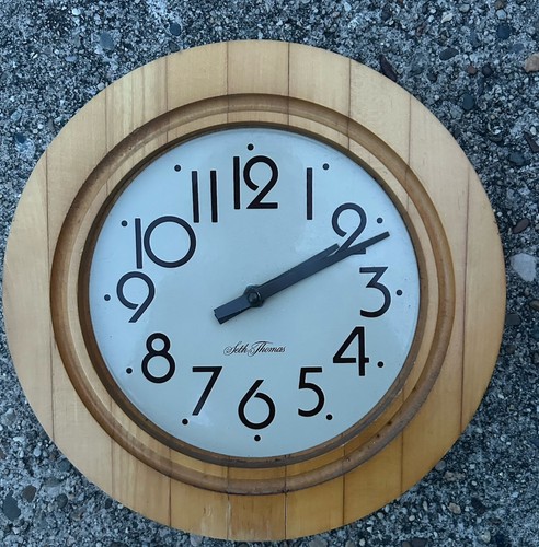 Vtg Seth Thomas MCM Butcher Block Wood Face Wall Clock For Repair Read ...
