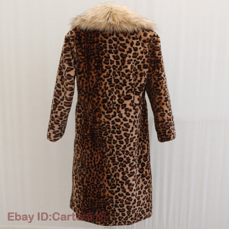 Womens Leopard Winter Thicken Warm Jacket Long Faux Fur Collar Trench ...